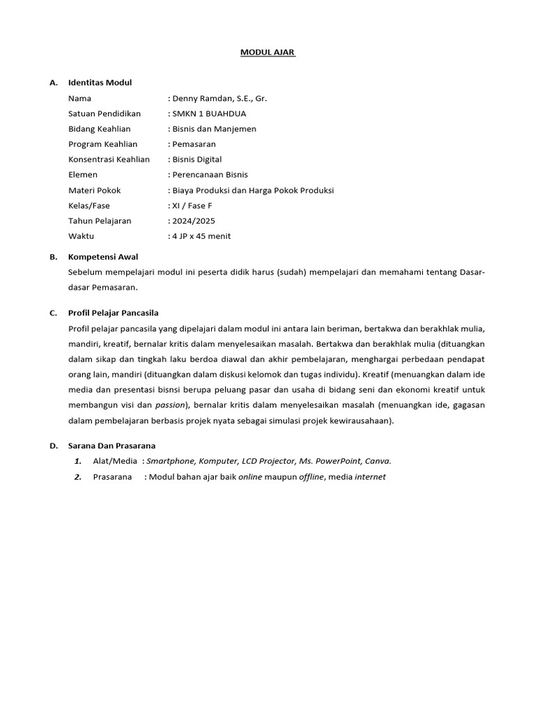 RPP - Modul Ajar Perencanaan Pse Bisnis - Biaya Produksi Dan Harga Pokok Produksi | PDF