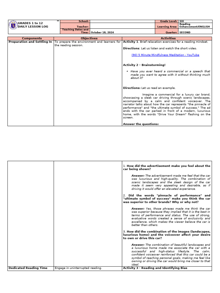 Q2-W4-English 6-Catch-Up-Reading Enhancement | PDF | Propaganda | Bias
