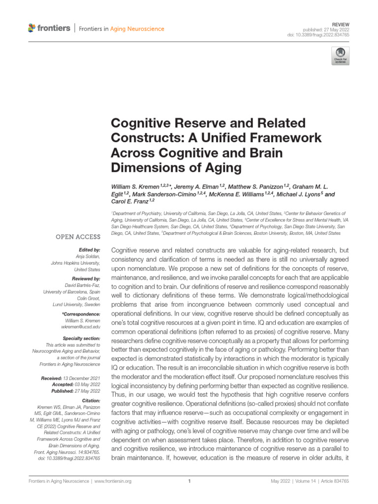 Cognitive Reserve and Related Constructs A Unified Framework Across Cognitive and Brain ...