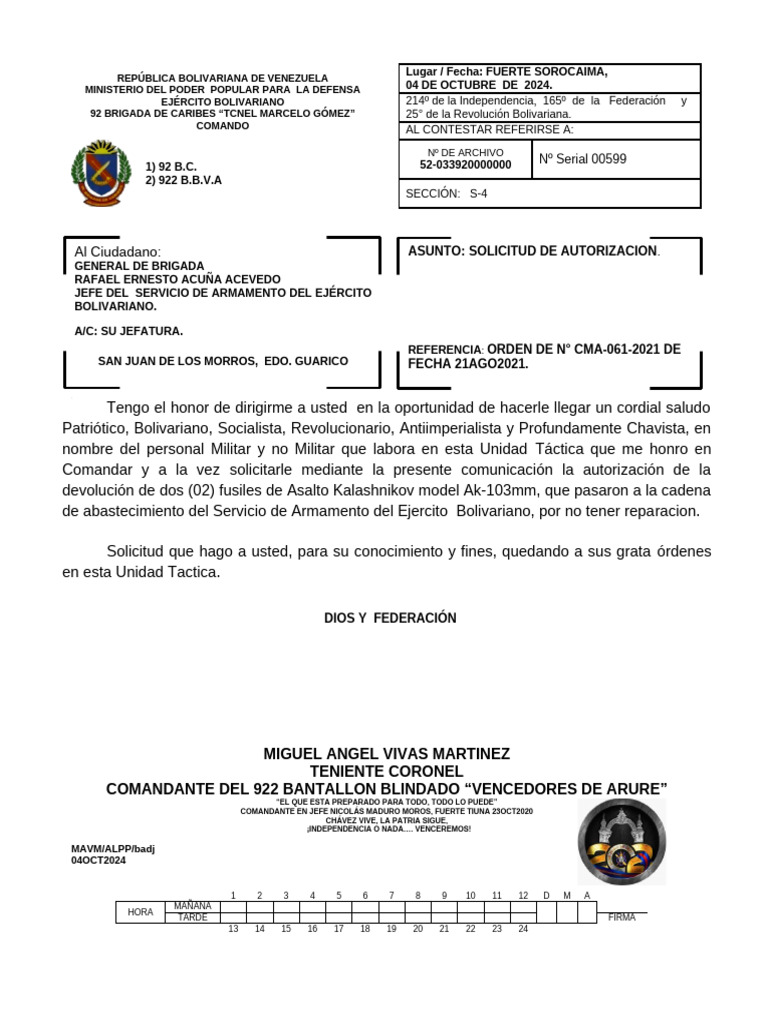 OFICIO DE PRESENTACION Fusil | PDF | Militar | Venezuela