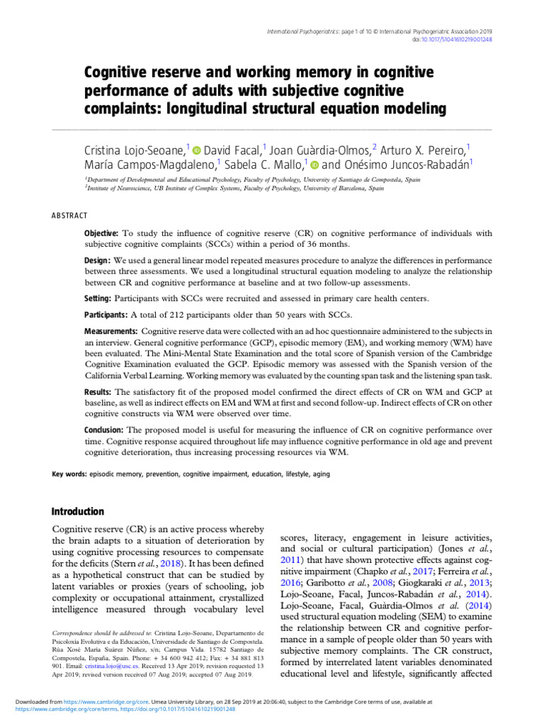 Cognitive Reserve and Working Memory in Cognitive | PDF | Wechsler Adult Intelligence Scale ...