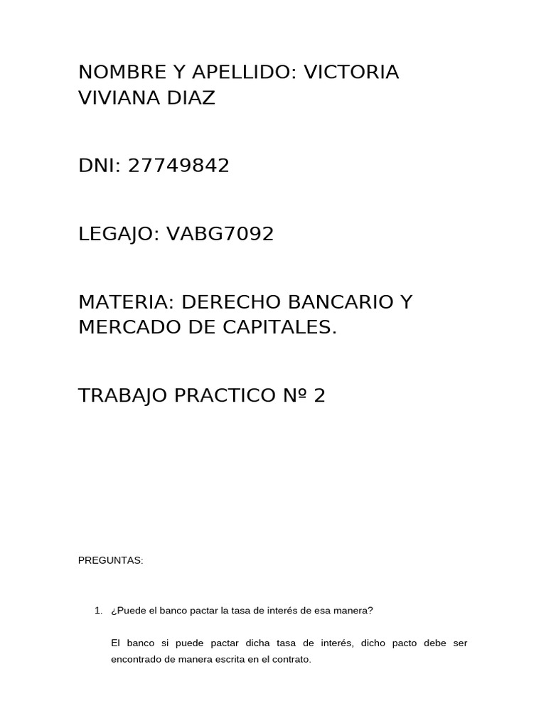 TRABAJO PRACTICO Nº 2 DE DERECHO BANCARIO | PDF | Interés | Bancos