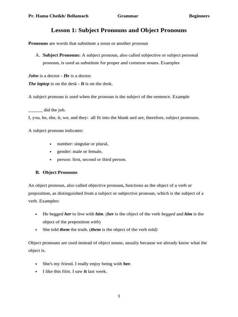 Lesson 1 Pronouns Subject and Object | PDF | Philosophy | Language Arts ...