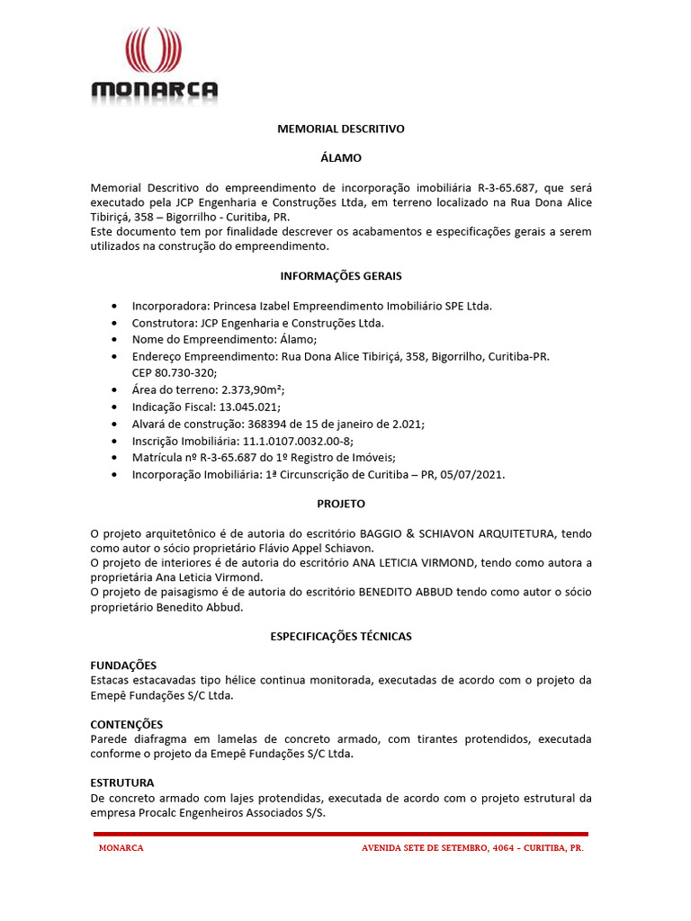 Memorial Descritivo do Empreendimento Álamo | PDF | Argamassa ...