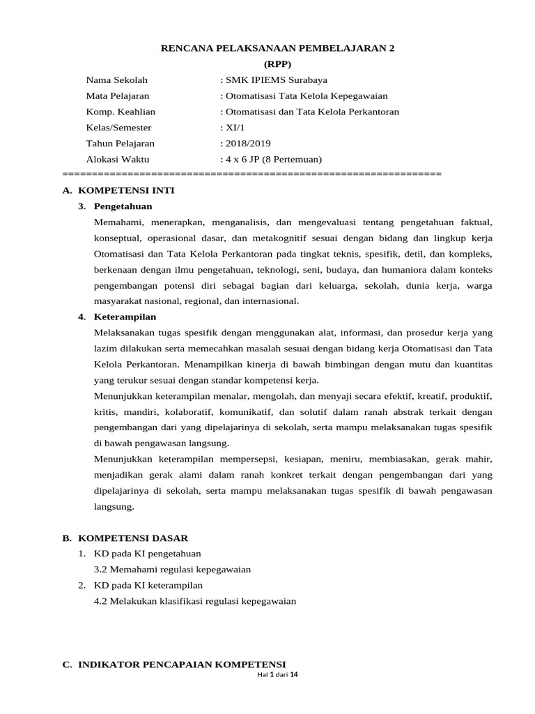 RPP 2 OTK KEPEGAWAIAN KELAS XI SMT 1 (Pertemuan Ke 9-16) | PDF