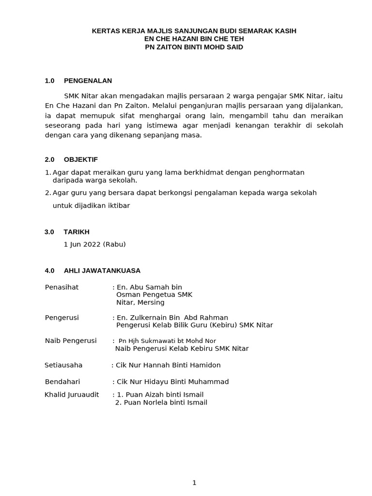 Kertas Kerja Majlis Sanjungan Budi Semarak Kasih | PDF