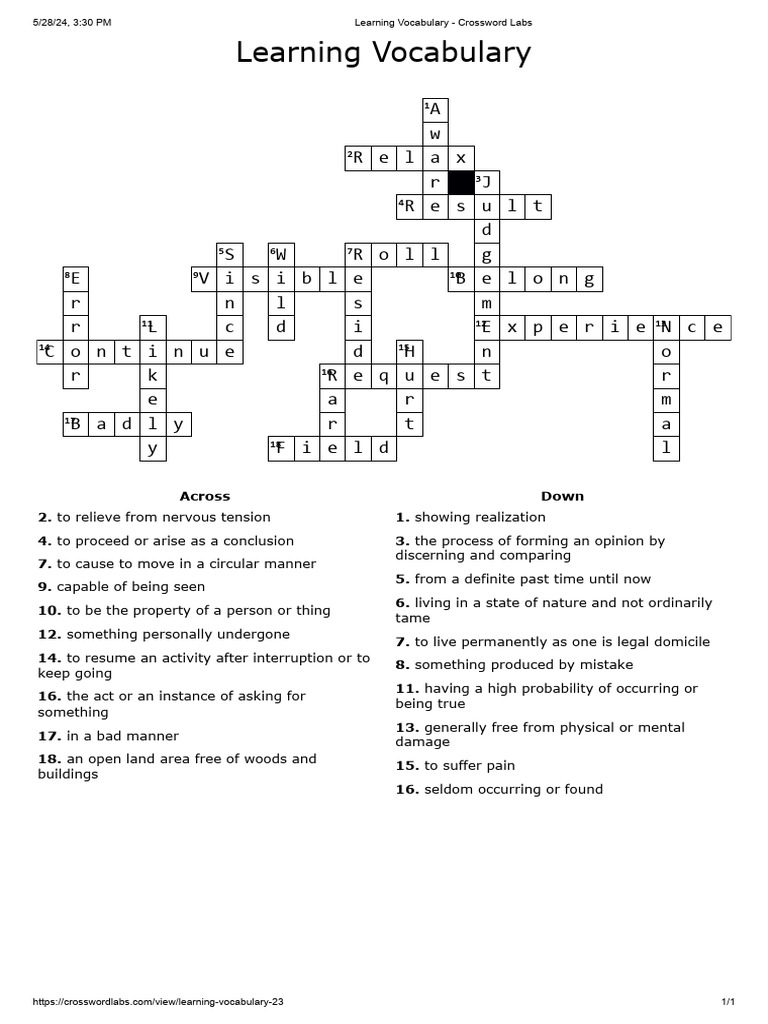 Learning Vocabulary - Crossword Labs (Answer Key) | PDF | Cognitive Science