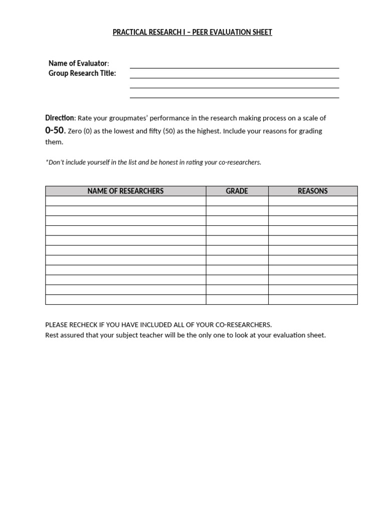 Peer Evaluation Sheet | PDF