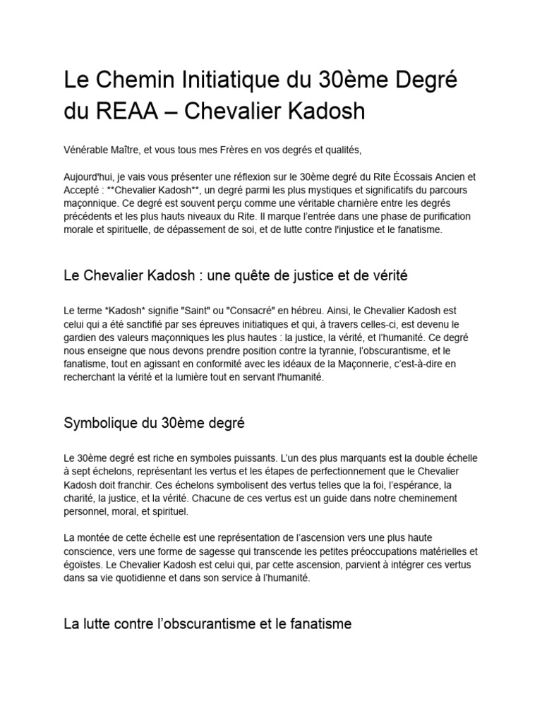Le Chemin Initiatique Du 30ème Degré Du REAA - Chevalier Kadosh | PDF ...
