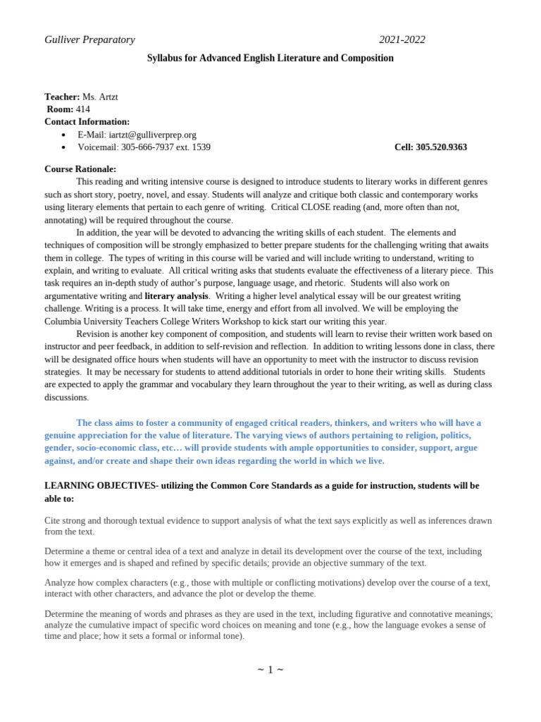 Advanced English Literature and Composition Syllabus 2022-2023 | PDF ...