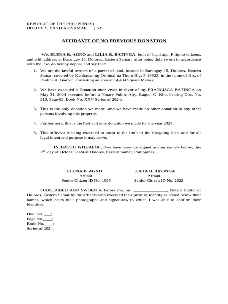 Affidavit of No Previous Donation | PDF | Politics | Social Science