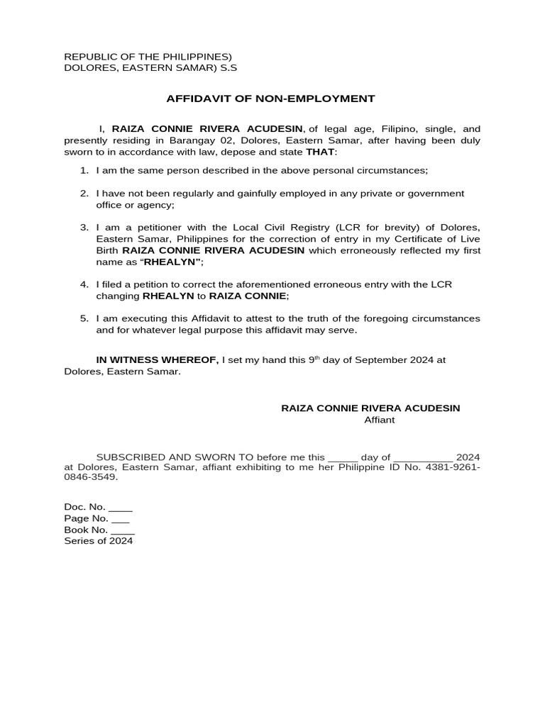 Affidavit of Non-Employment | PDF