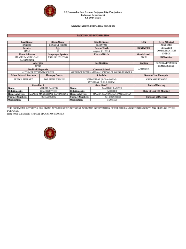 Individualized Education Plan | PDF | Special Education | Individualized Education Program
