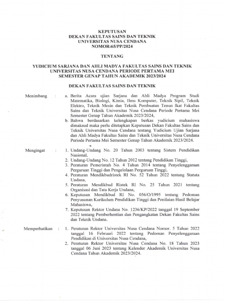 65 SK Yudicium Sarjana Semester Genap Ta 2023-2024 Periode Pertama Mei FST 2024 (Revisi) | PDF