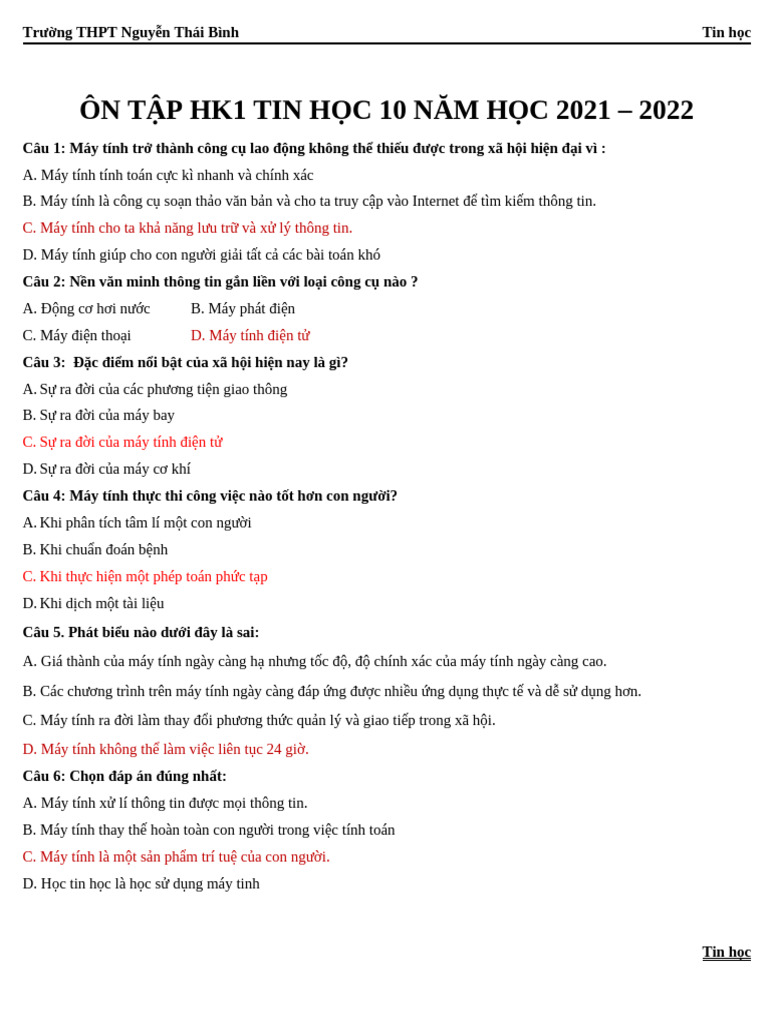 On Tap Tin Hoc 10 hk1 21-22 | PDF