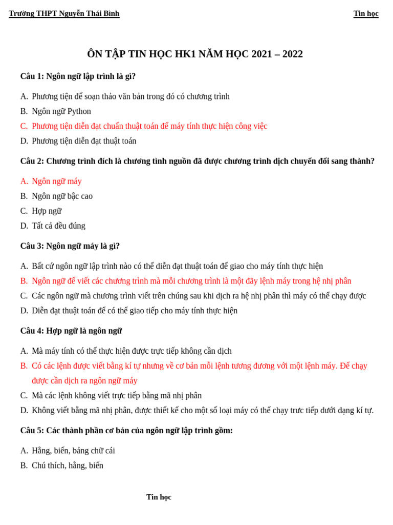 On Tap Tin Hoc 11 hk1 | PDF