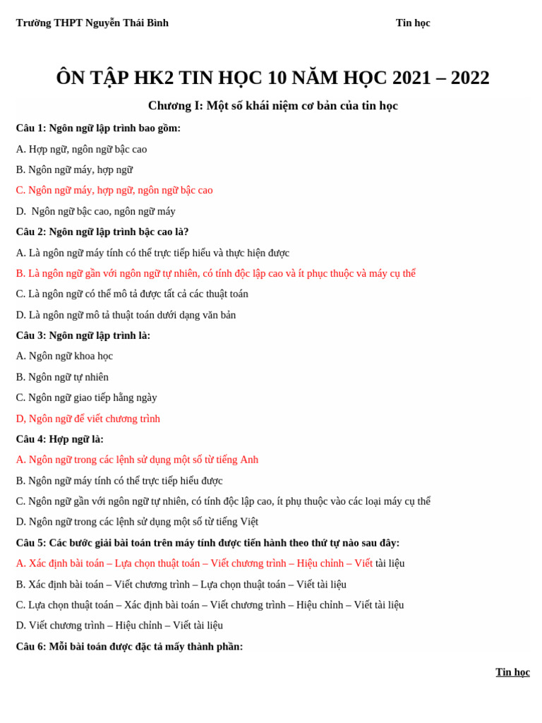 On Tap Tin Hoc 10 hk2 21-22 | PDF