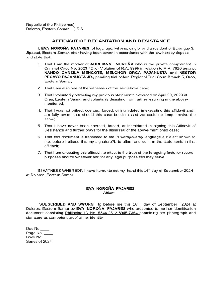 Affidavit of Recantation and Desistance | PDF | Affidavit | Legal Procedure