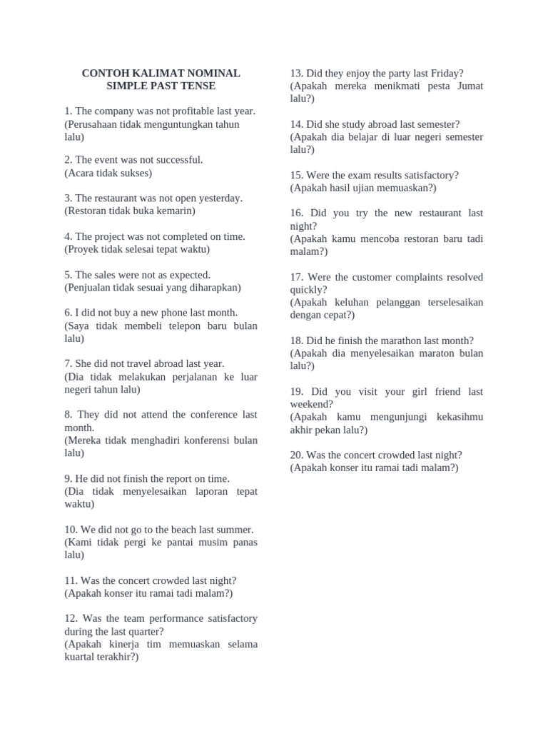 Contoh Kalimat Nominal Simple Past Tense | PDF