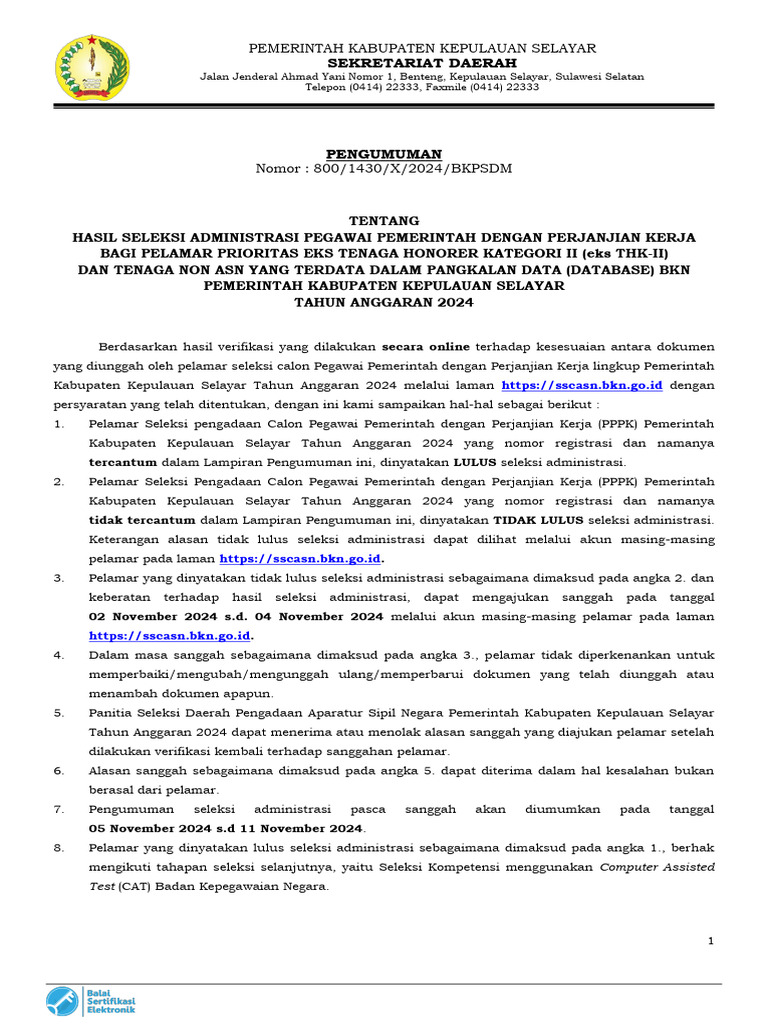 Pengumuman Hasil Seleksi Administrasi PPPK Tahun 2024 Pra Sanggah | PDF