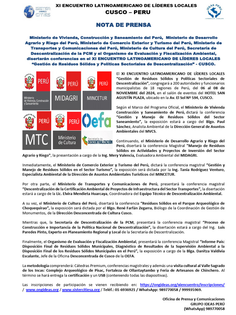 Nota de Prensa Xi Encuentro - Cusco 2024 | PDF | Perú