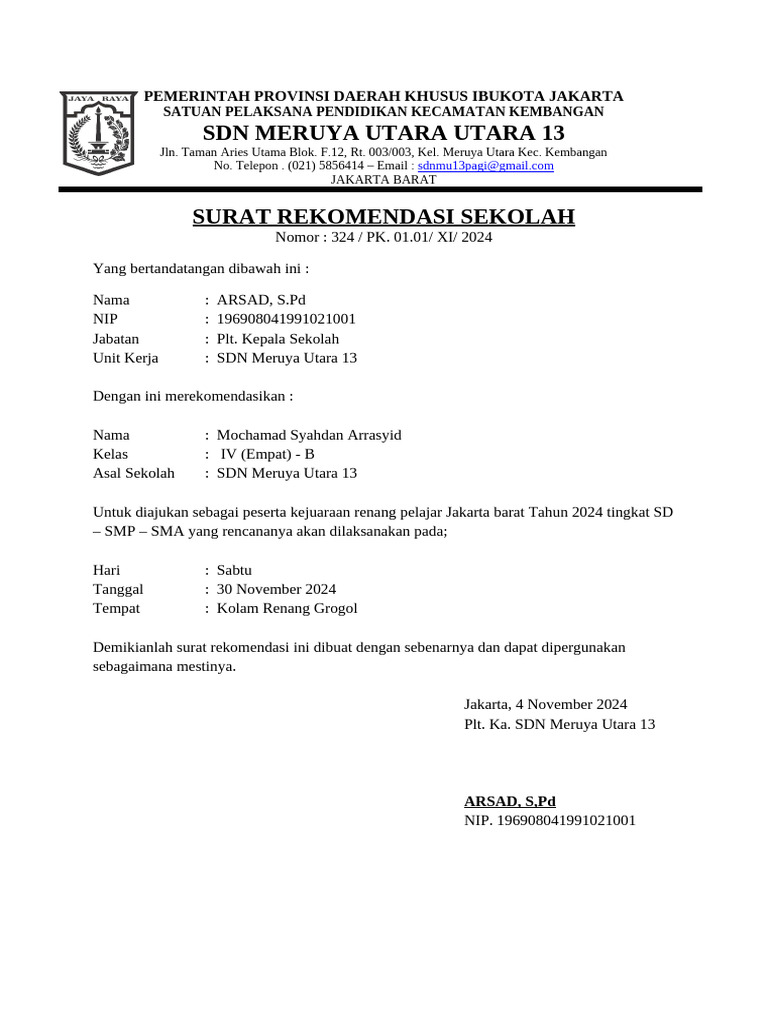 Surat Rekomendasi Lomba Renang 2024 | PDF