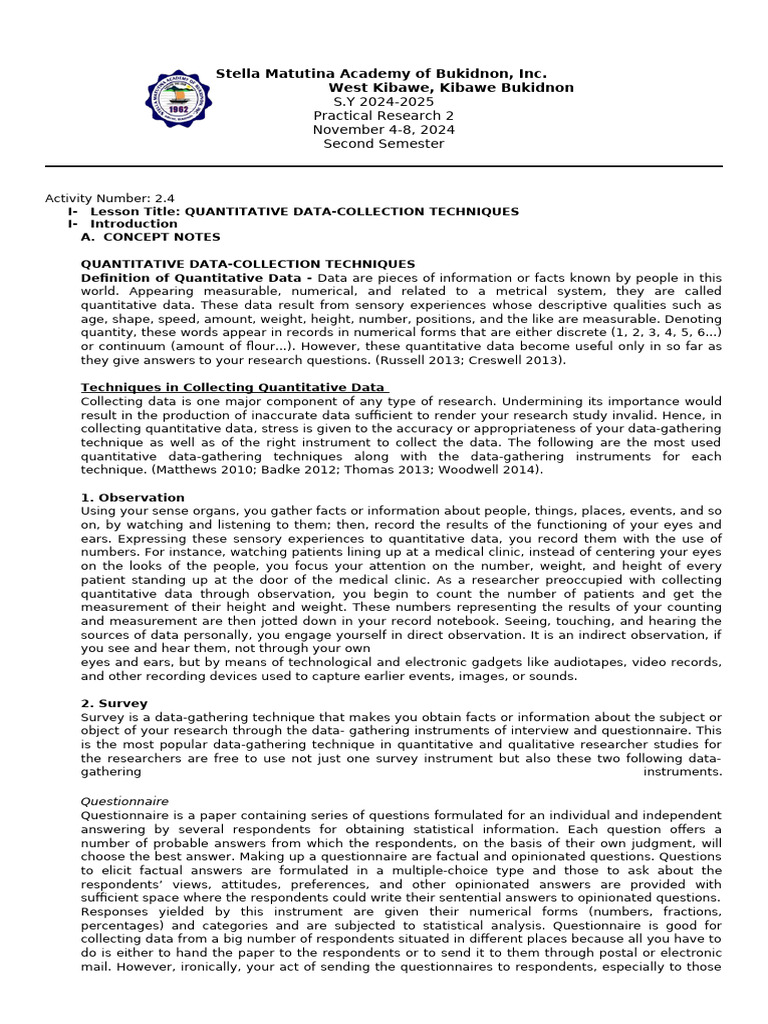 2nd Sem - PR2 2.4 Handouts | PDF | Level Of Measurement | Survey Methodology