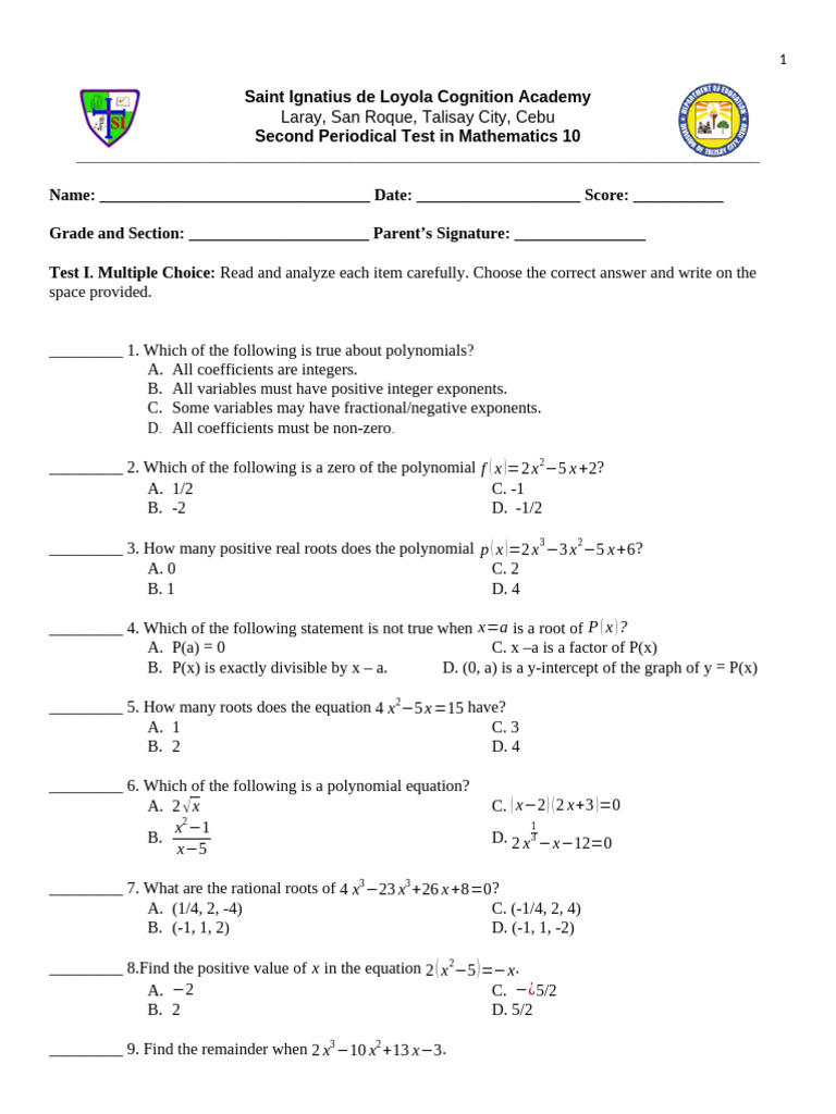 Math 10 Second Periodical Test | PDF | Factorization | Polynomial