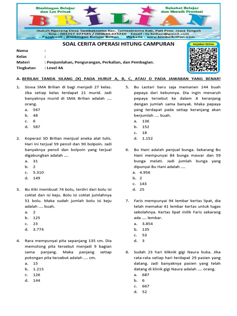 Soal Cerita Operasi Hitung Acak P4 - Level 4A | PDF
