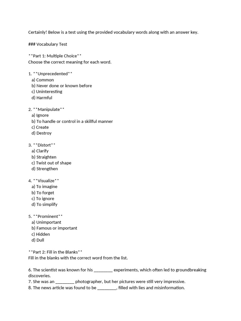 Vocabulary Test - unit 3 | PDF