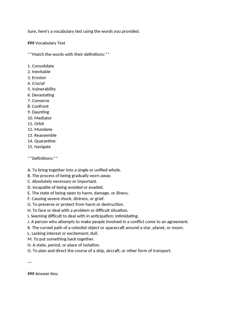 Vocabulary Test - Unit 4 | PDF