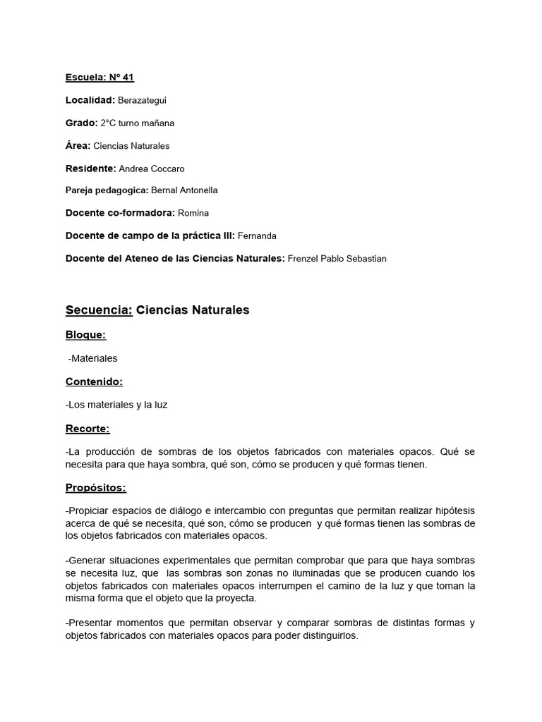 C. Naturales. Secuencia Las Sombras 2do Grado (Segundo Borrador) | PDF | Sombra | Aprendizaje