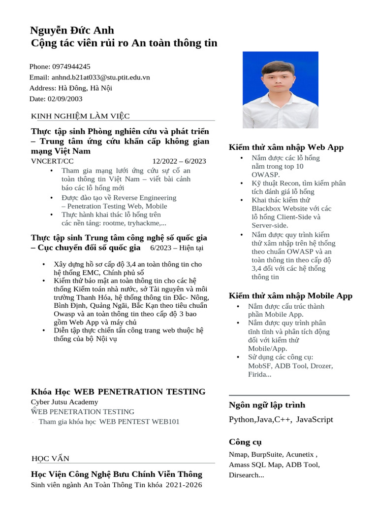 CV - Nguyễn Đức Anh - Penetration Testing 2 | PDF