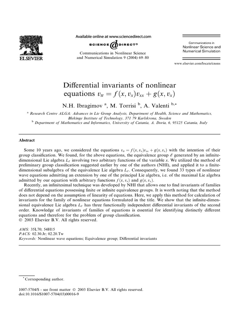 Differential Invariants of Nonlinear Equ-96587191-Print | PDF | Nonlinear System | Equations