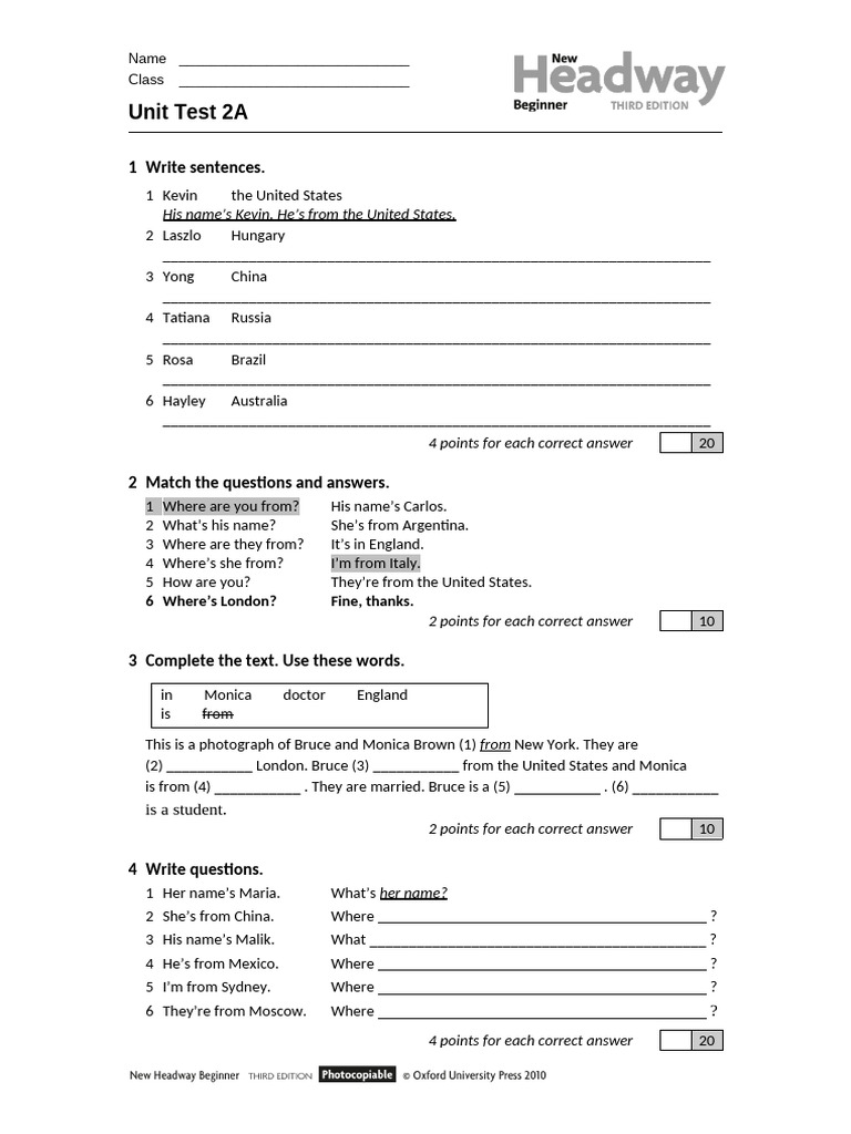 New Headway Beginner Test Unit 2 | PDF