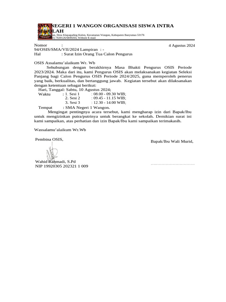 Surat Izin Orang Tua Cpo 24-25-1 | PDF