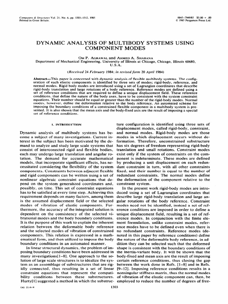 435-Dynamic Analysis of Multibody Systems Using Component Modes | PDF | Eigenvalues And ...