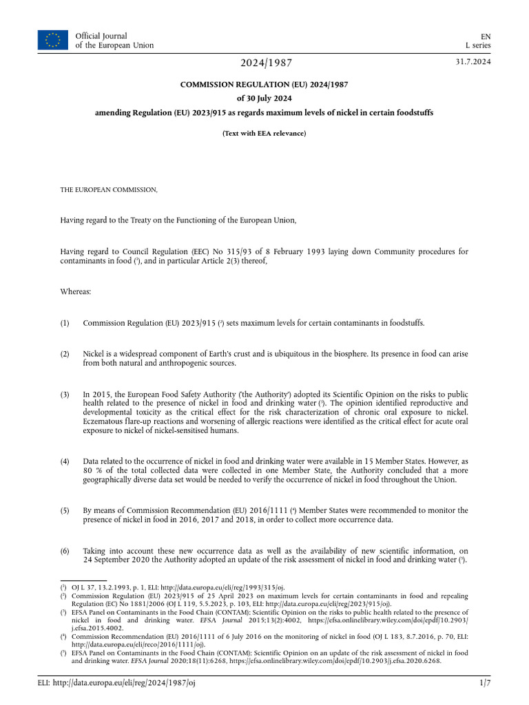 Amendments to Nickel Levels in Food | PDF | Cereals | Vegetables
