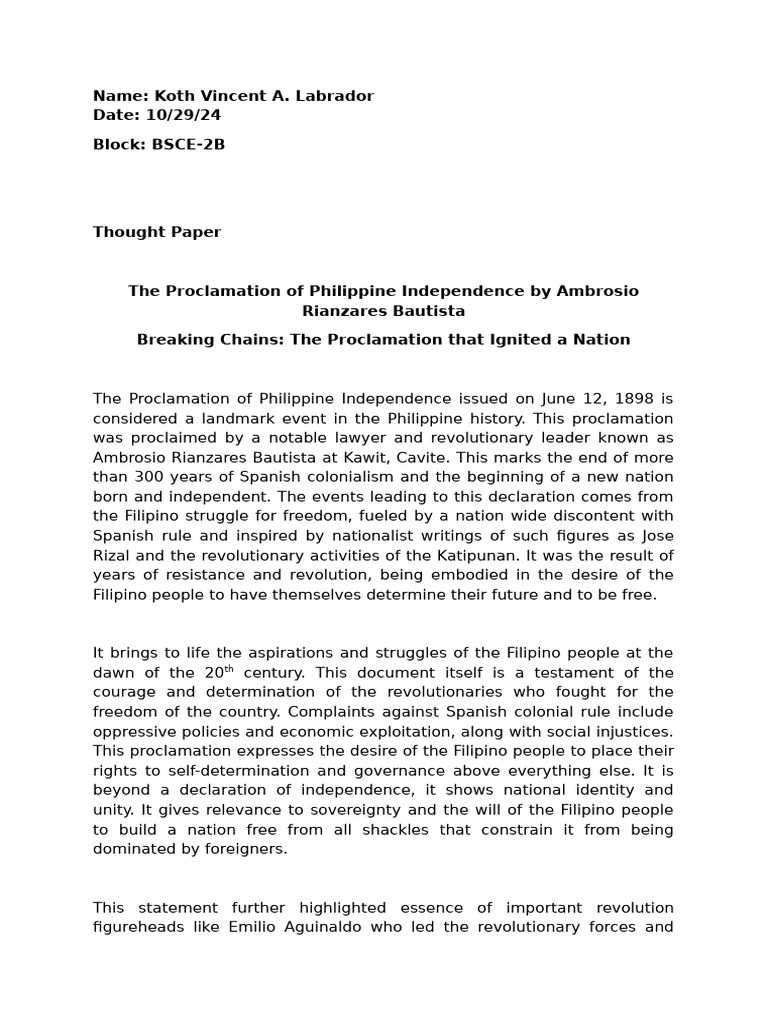 Thought Paper - The Proclamation of Philippine Independence by Ambrosio ...