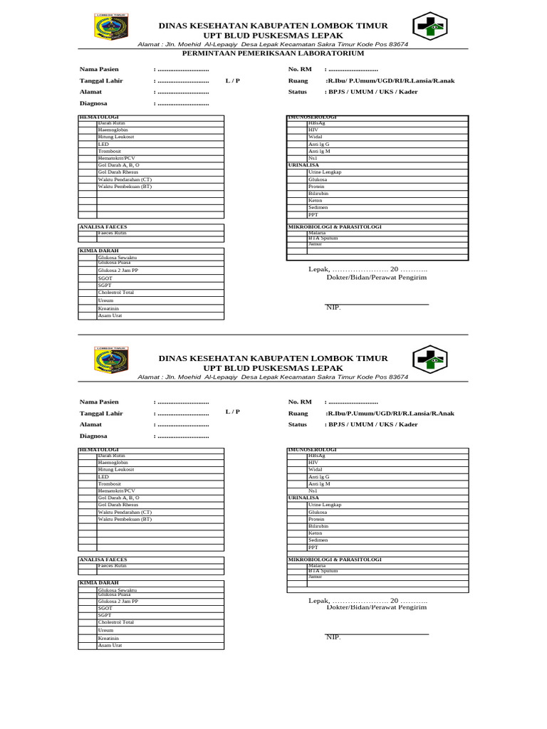 Cetak Blanko Permintaan Laboratorium | PDF