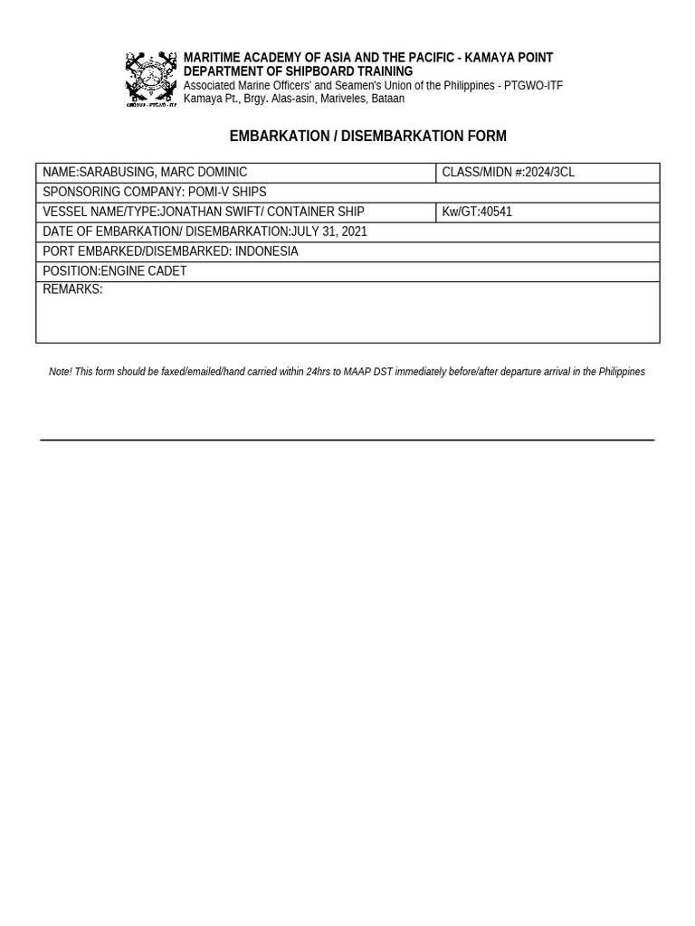 Embarkation/Disembarkation Form | PDF