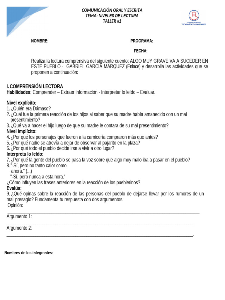 Taller - Niveles de Lectura | PDF