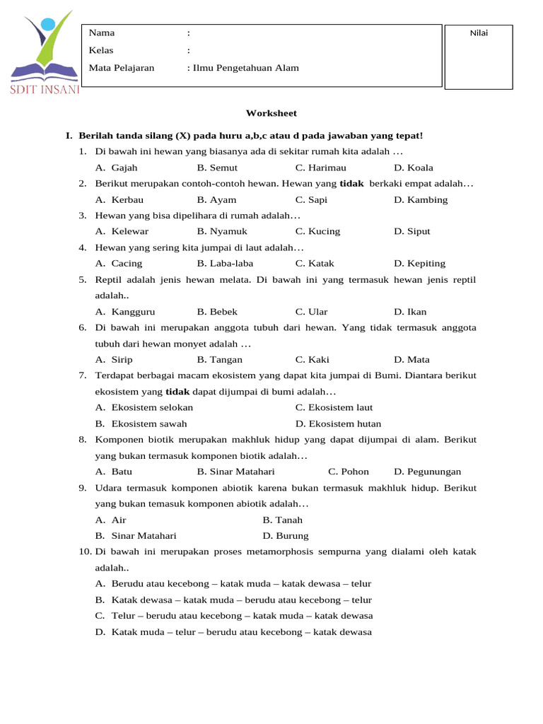 Worksheet Ekosistem Kelas 3 IPA | PDF | Seni & Disiplin Bahasa | Sains ...