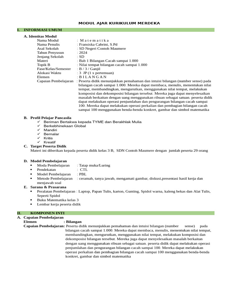 Modul Ajar Matematika KLS 3 (2) | PDF