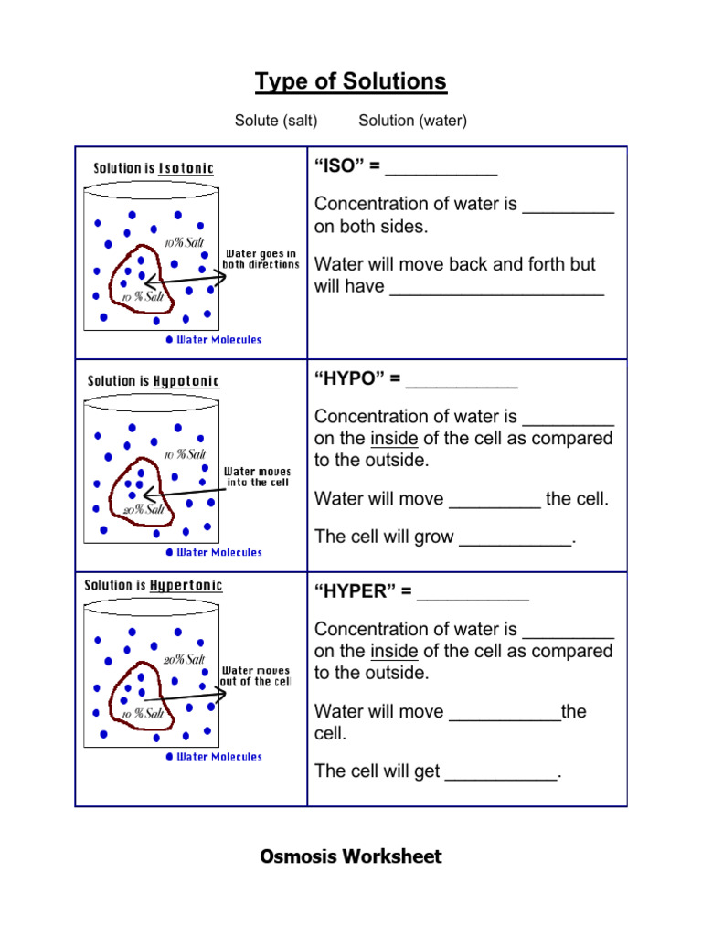 Osmosis and Solution Types Worksheet | PDF