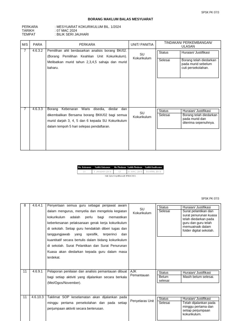 Borang Maklum Balas Mesyuarat Kokurikulum 1 2024 | PDF