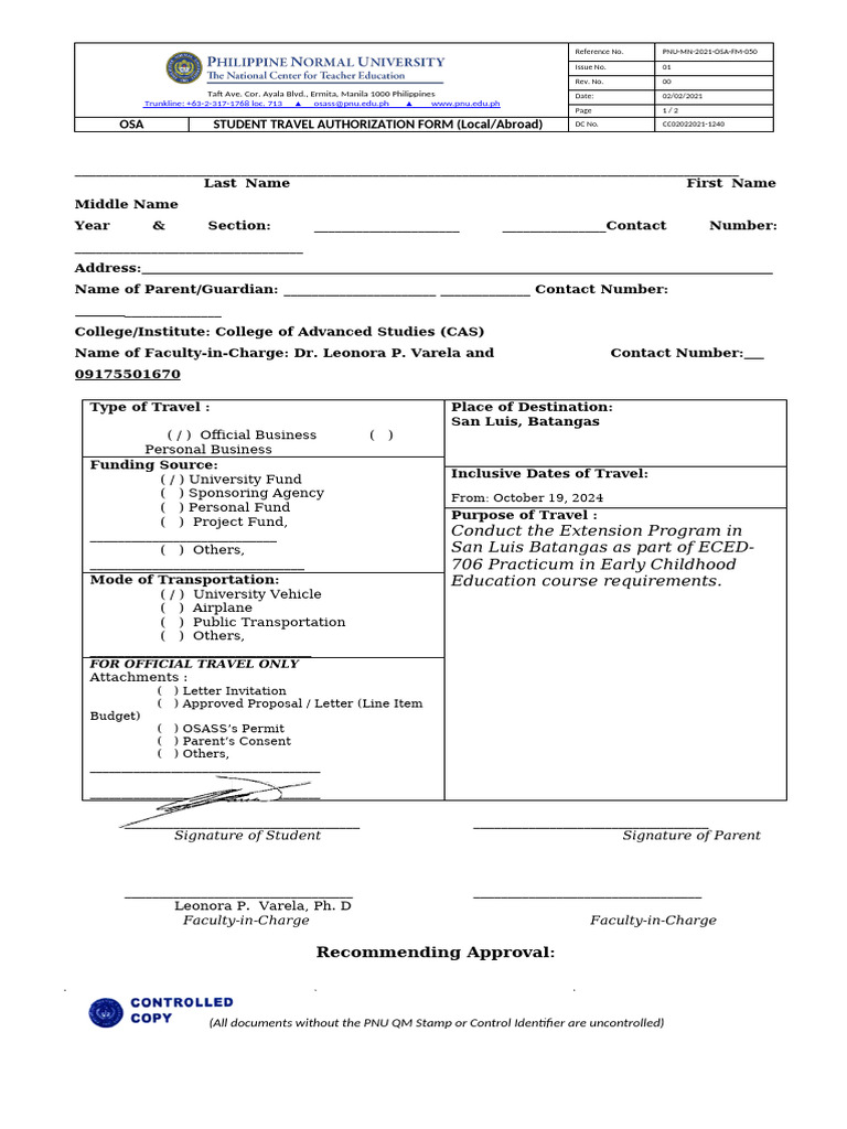Student Travel Authorization Form | PDF