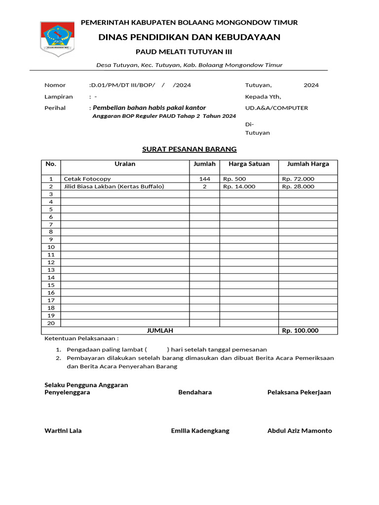 Nota BOP REGULER PAUD-MELATI | PDF