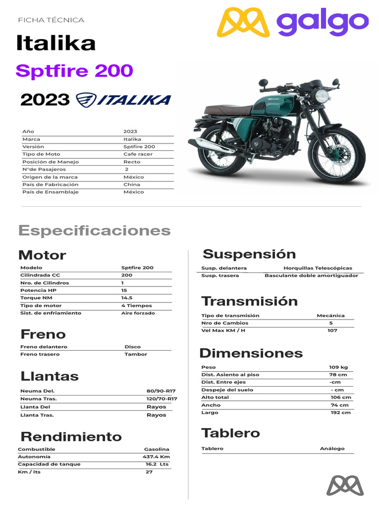 Ficha T Cnica Italika Sptfire 200 Galgo | PDF