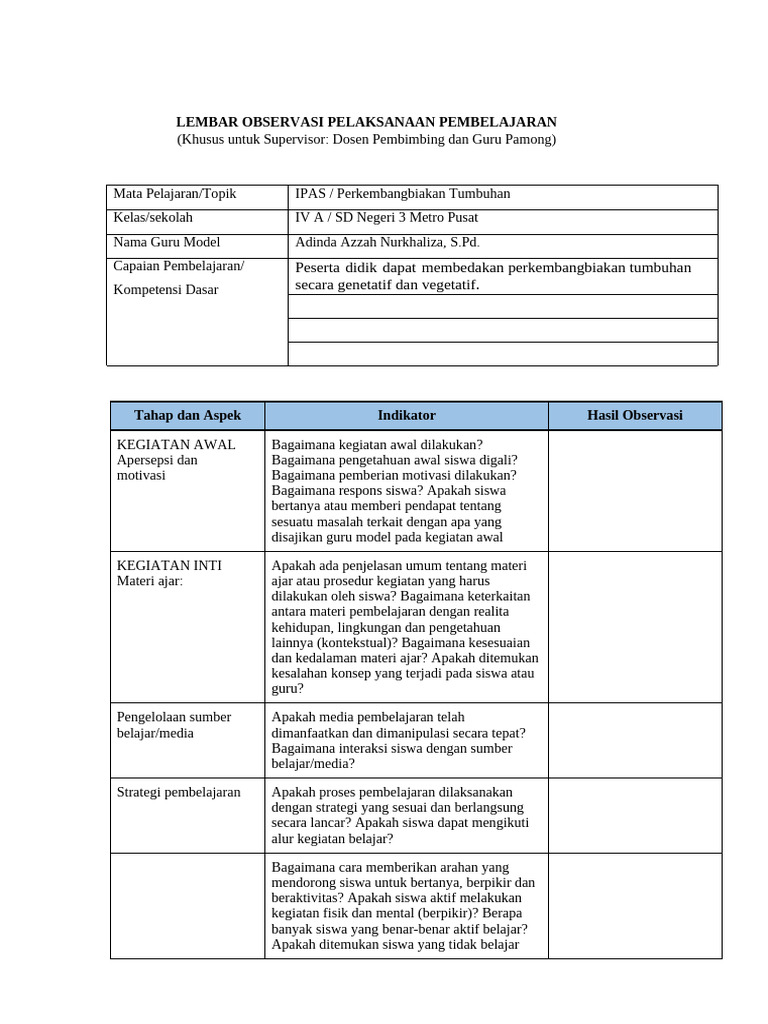 MODUL Lampiran 7 - Format Lembar Observasi Pelaksanaan Pembelajaran Untuk Supervisor | PDF ...